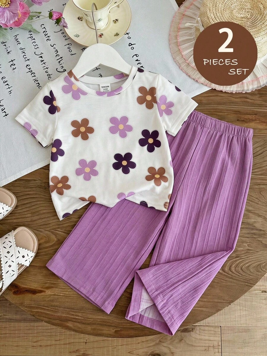 SHEIN Baby Girl Butterfly Print T-Shirt And Solid Color Long Pants Set ...