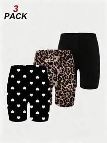 3pcs/Set Girls' Big Kids Simple Heart & Leopard Print Solid Color ...