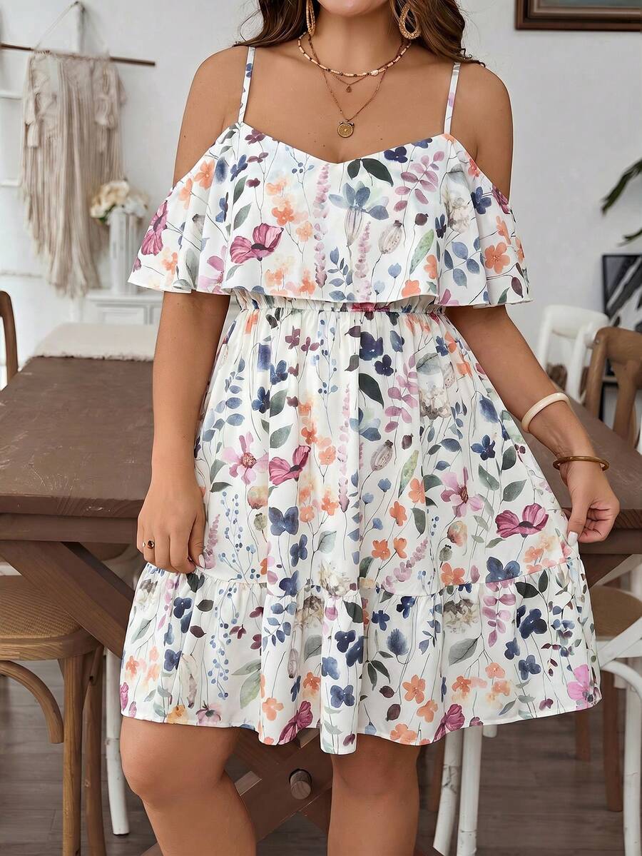 SHEIN VCAY Plus Size Women's Vacation Floral Print Ruffle Off-Shoulder ...