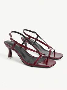 CUCCOO CHICEST Wine Red Thin Strap Crisscross Square Toe Patent Leather ...