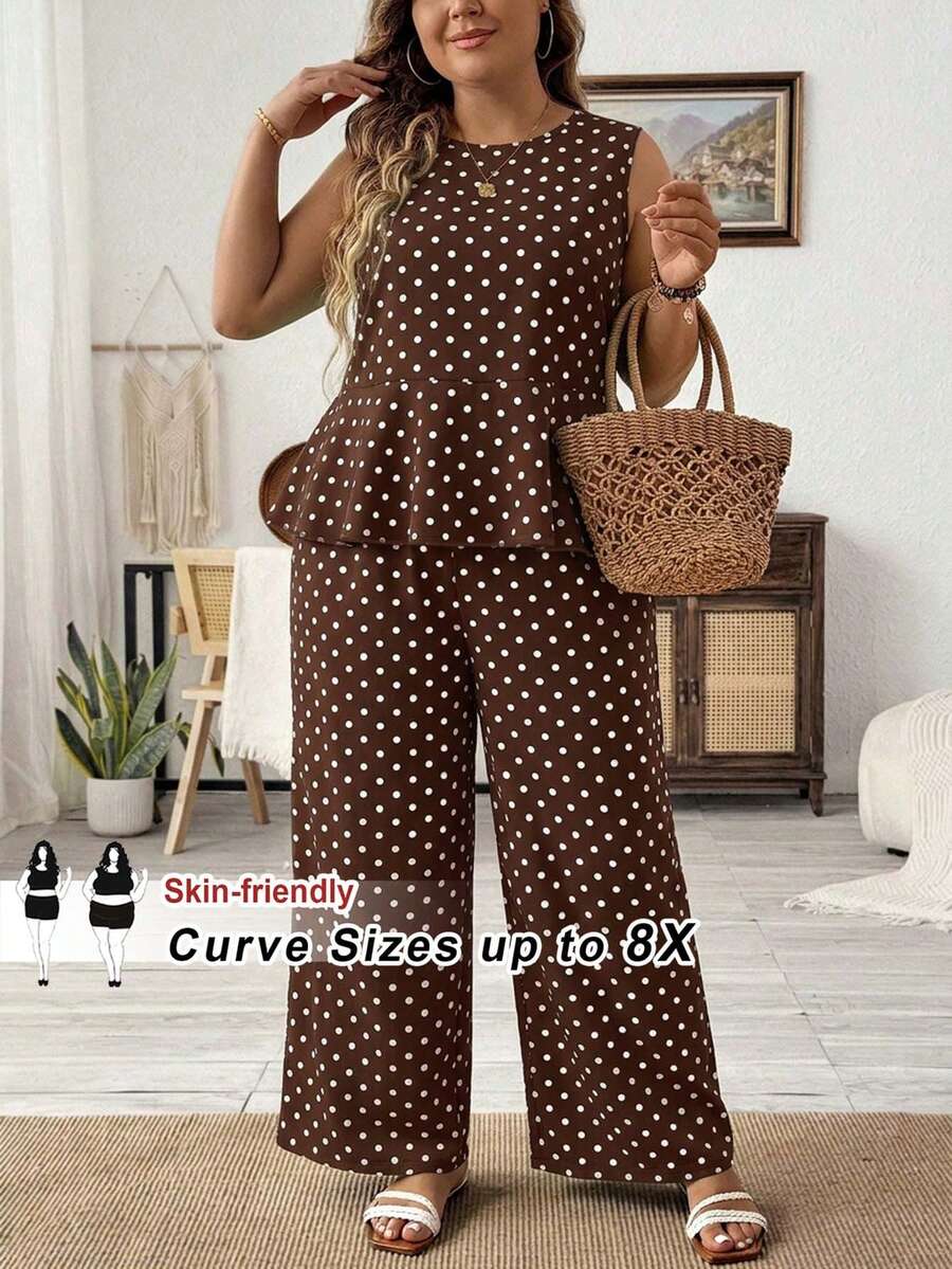 SHEIN CURVE+ Plus Size Women's Polka Dot Print Ruffle Hem Sleeveless ...