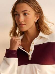 Aralina Casual Rugby Stripe Collared Oversized Long Sleeve Preppy ...