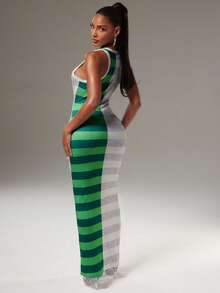 NYA SZN Dress Maxi Length Two Tone Stripe Sporty Athletic Sleeveless ...