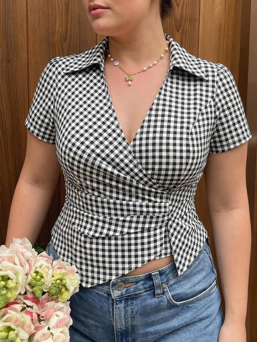 SHEIN MOD Plus Size Women's Plaid Short Sleeve Asymmetric Hem Casual ...