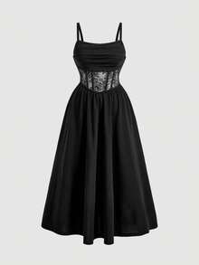SHEIN MOD Plus Size Women's Solid Color Ruched Waist Lace Patchwork ...