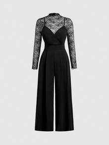 SHEIN MOD Plus Size Black Lace Patchwork Jumpsuit, All Season Jumpsuit ...
