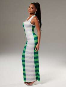 NYA SZN Dress Maxi Length Two Tone Stripe Sporty Athletic Sleeveless ...