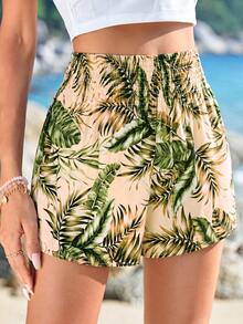 SHEIN VCAY Women's Vacation Beach Botanical Print Shorts Beige Summer ...