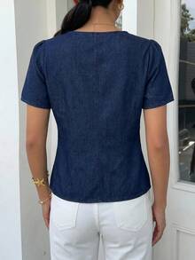 SHEIN Tall Tall Size Women's Short Puff Sleeve V-Neck Button Front Navy ...
