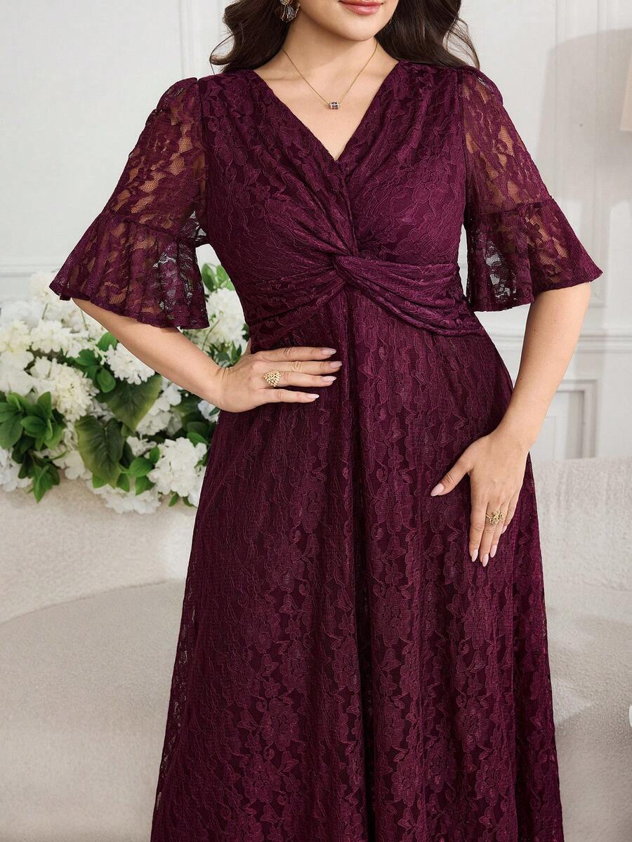 Modelyn Plus Size Summer Elegant Solid Color Lace Twist Knot Dress for ...