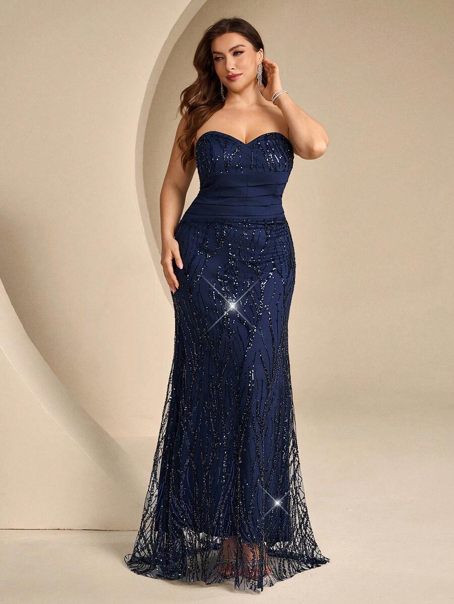 Coutiva Plus Size Women's Sequin Strapless Pleated Glamorous Formal ...