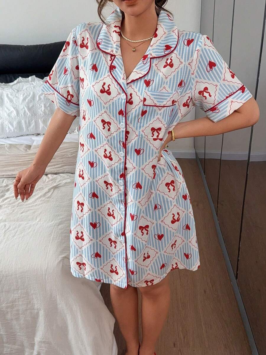Napfluff Bubble Crinkle Blue Striped Plaid Bow Heart Women's Nightgown ...