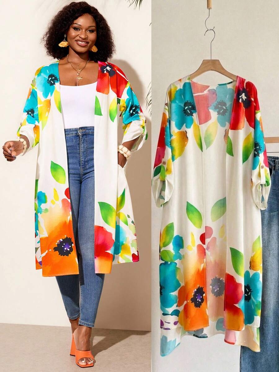 BrightlyHer Plus Size Women's Floral Print Fashion Jacket For Beach ...