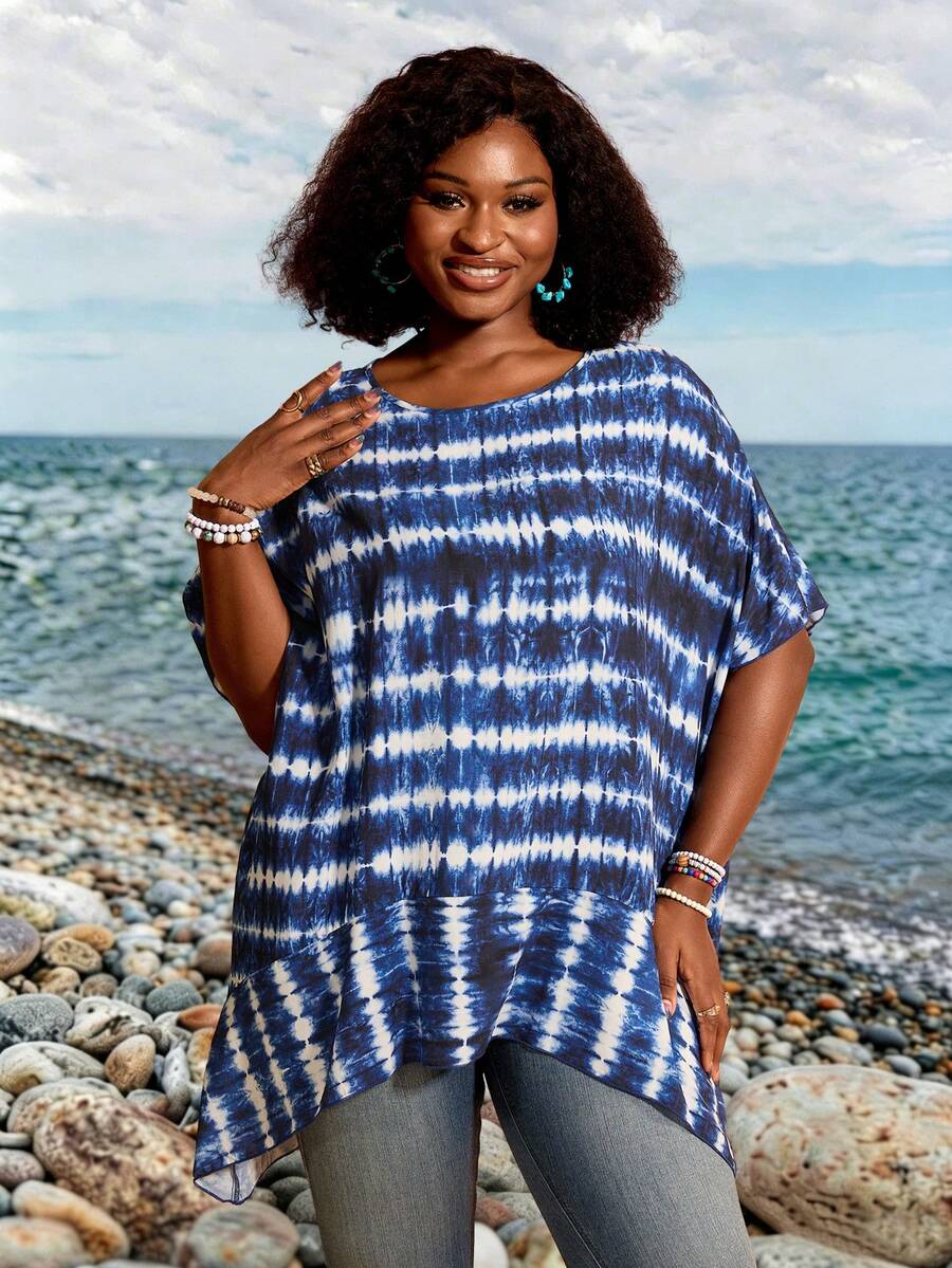 BrightlyHer Women's Plus Size Tie-Dye Print Round Neck Batwing Sleeve ...
