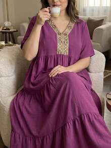 Al Najma Summer Purple-Red Loose Fit Minimalist Lace Trim Plus Size ...