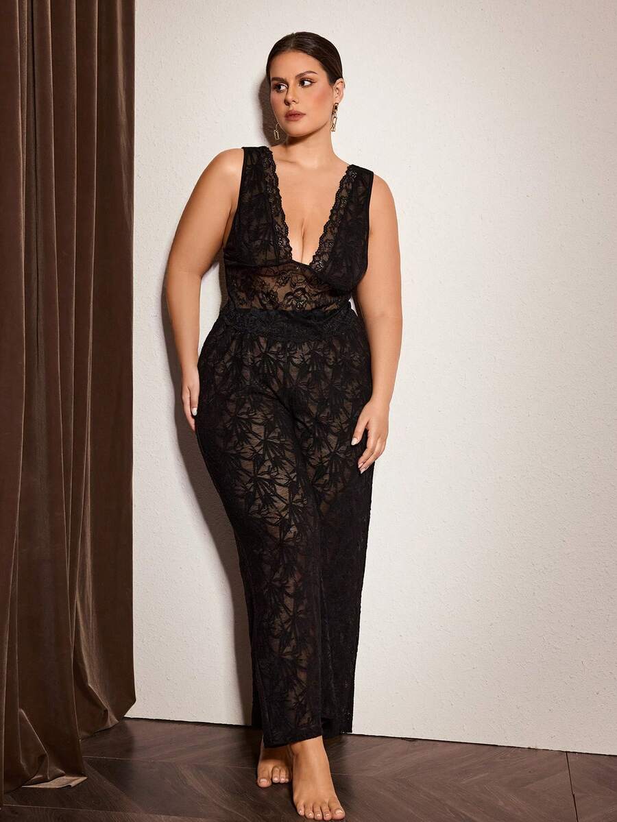 Slumberist Plus Size Sexy Solid Color Deep V-Neck Lace Mesh Jacquard ...