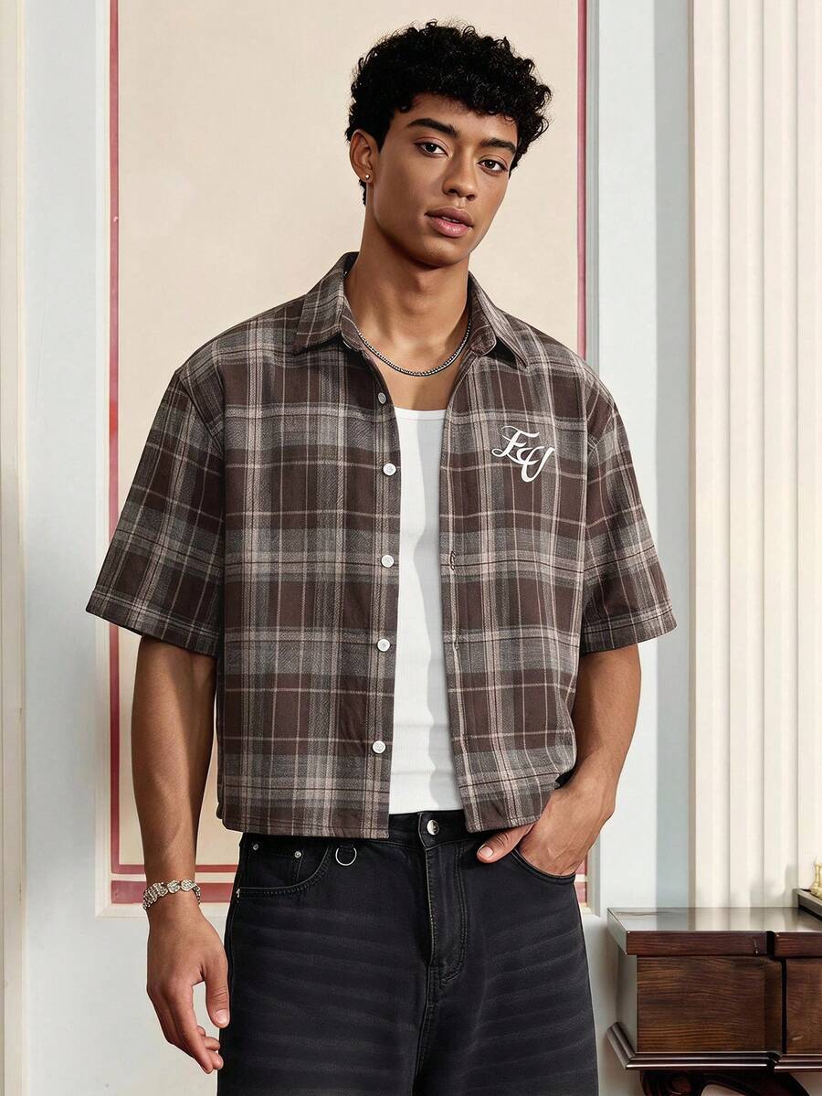 SWAVVY Men's Plaid Letter Embroidered Short Sleeve Single-Breasted ...