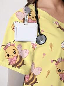 PopScrub Pale Yellow Cute Cartoon Bee Print Plus Size Women's Nurse ...
