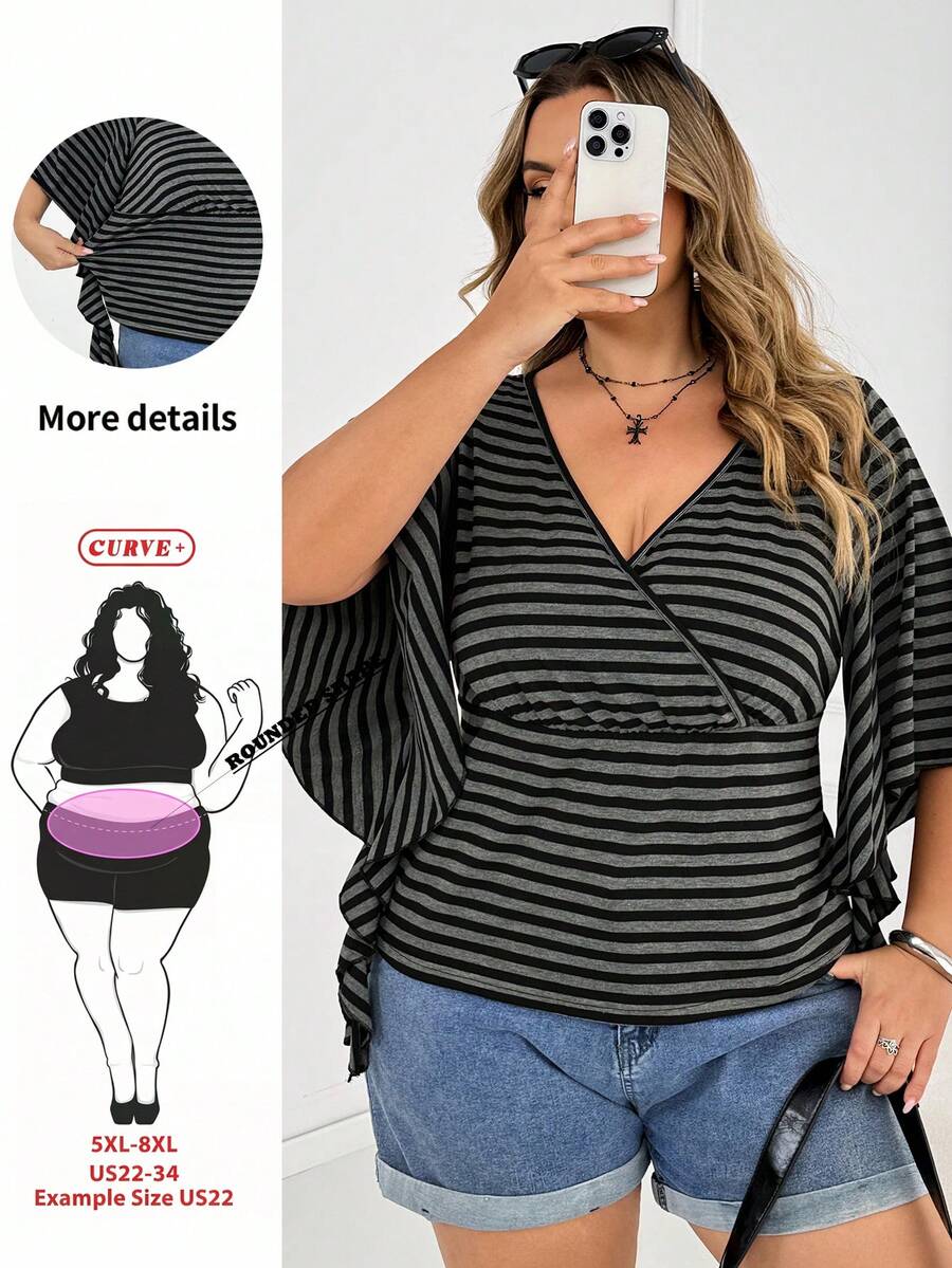SHEIN CURVE+ Women's Plus Size Striped Criss-Cross V-Neck Bell Sleeve T ...