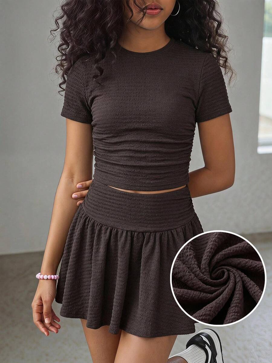 SHEIN Tween Girl Summer Cute Casual Gray Skirt Set: Short Sleeve Crop ...