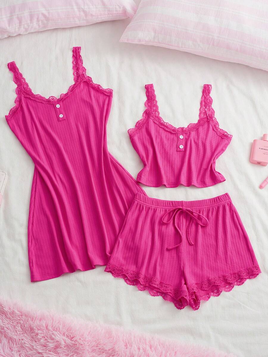 SweetSlumber Comfortable Ribbed Knit Fabric, Lace Patchwork Camisole ...
