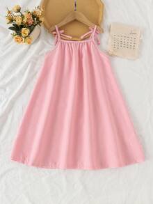 Elladie kids Girls (Small) Solid Pink Woven Jacquard Fabric Spaghetti ...