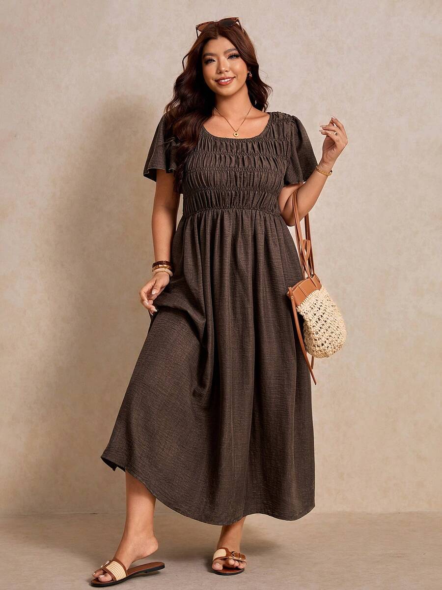 Elaquor Plus Size Women's Solid Color Pleated Casual Party Dress for ...