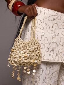 MUSERA Iridescent Large Sequin Beaded Tassel Woven Handbag Summer Beach ...