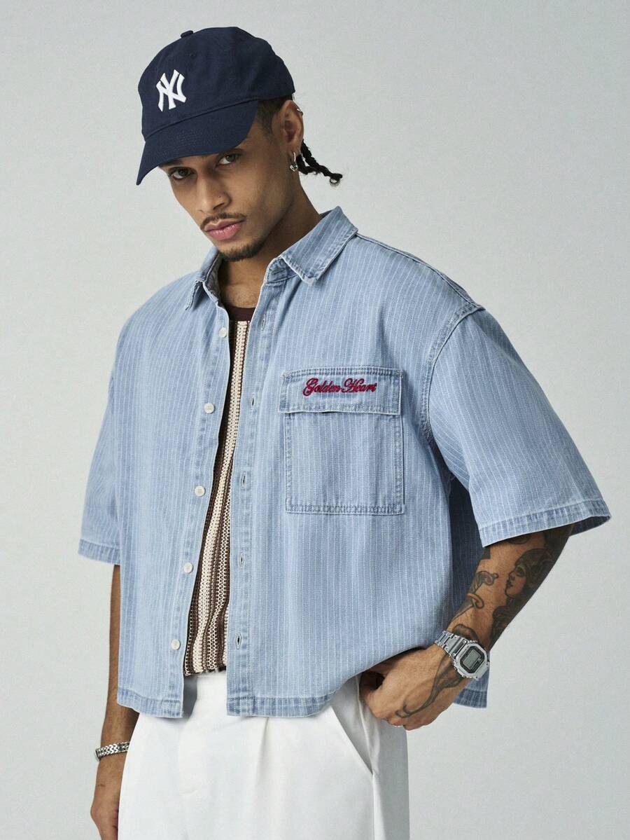 ÉpureWay Men's Casual Street Style Striped Embroidered Blue Denim Short ...