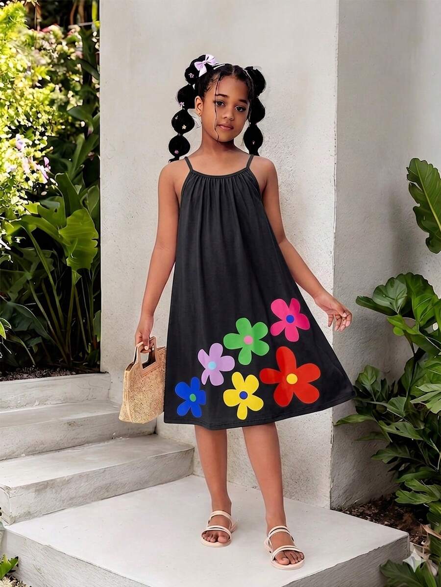 SHEIN Girls' Rainbow Multicolor Striped Print Spaghetti Strap Lace Hem ...