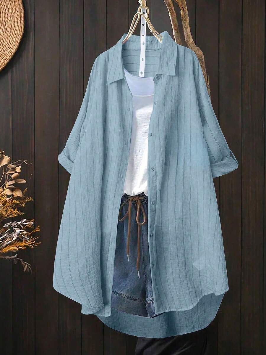 Linhara Women's Plus Size Striped Mid-Length Casual Jacket, Outdoor Top ...