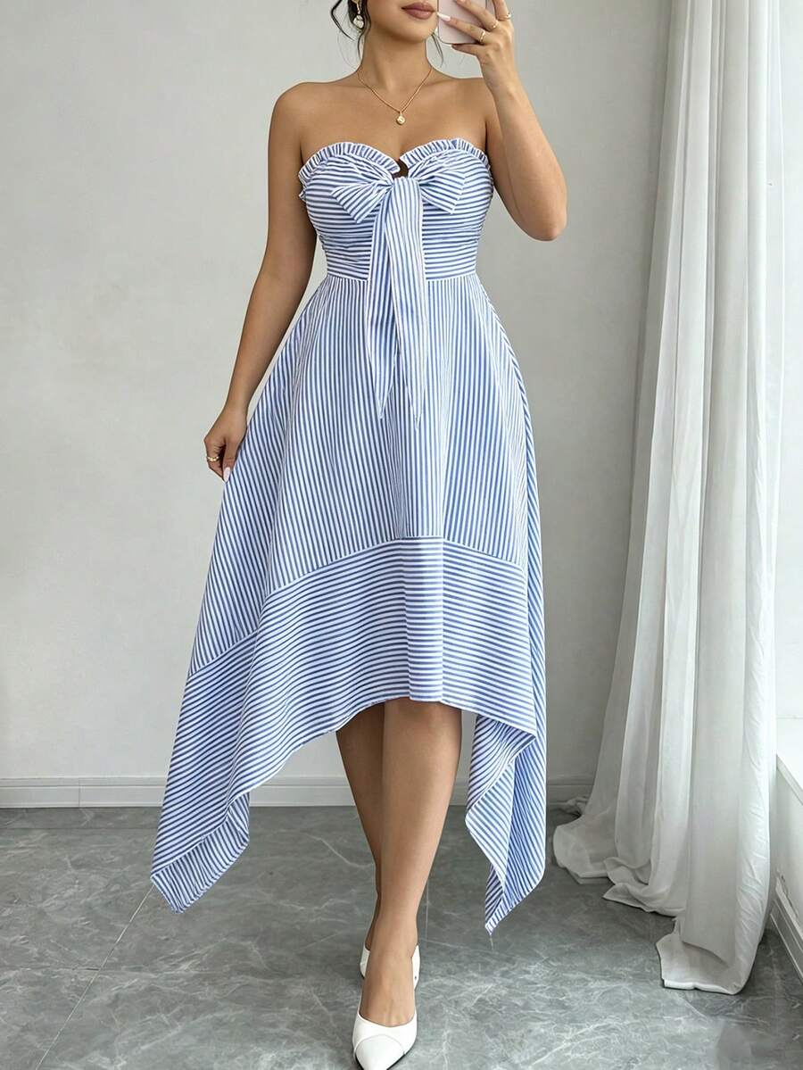 Elenzga Women's Plus Size Spring/Summer Striped Ruffle Strapless Bow ...