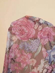 Amorya Summer Fashion Casual Floral Print Sheer Mesh Fabric Ruffle V ...