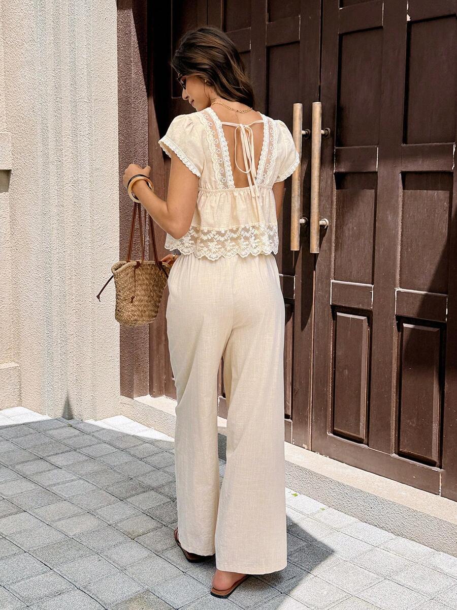 Serisse Women's Lace Ruffle Short Sleeve Top And Wide Leg Pants Casual ...
