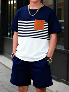SHEIN Vacaura Teen Boys Summer Cool Colorblock Letter Patchwork Crew ...
