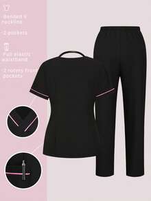 TaskEZ Scrubs Set: V-Neck Short Sleeve Top & Pants Scrub Uniform For ...