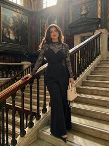 SHEIN MOD Plus Size Black Lace Patchwork Jumpsuit, All Season Jumpsuit ...