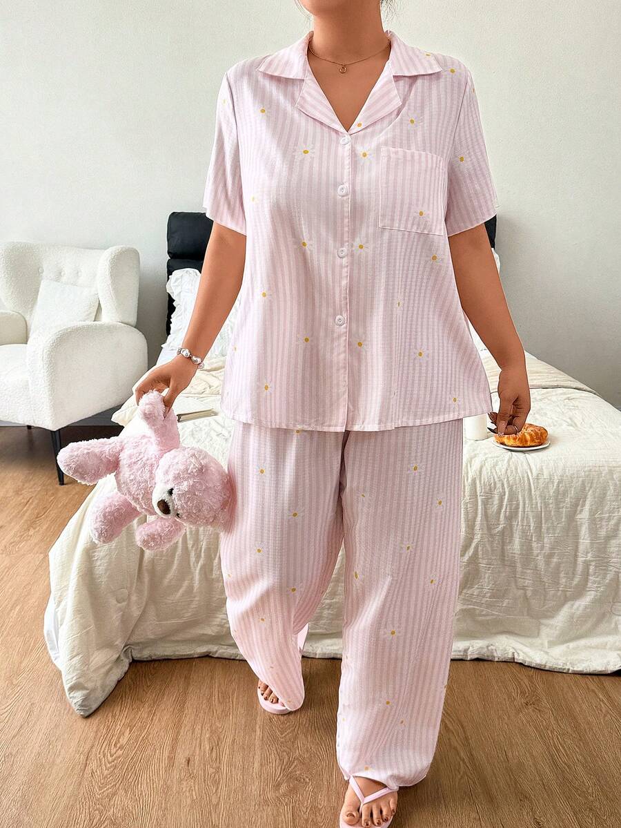 MuseNap CURVE Plus Size Sweet Pink Striped Daisy Print Lapel Collar ...
