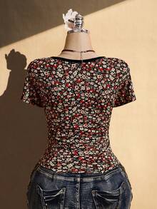 SHEIN ICON Plus Size Women's Ditsy Floral Front Tie Short Sleeve Fitted ...