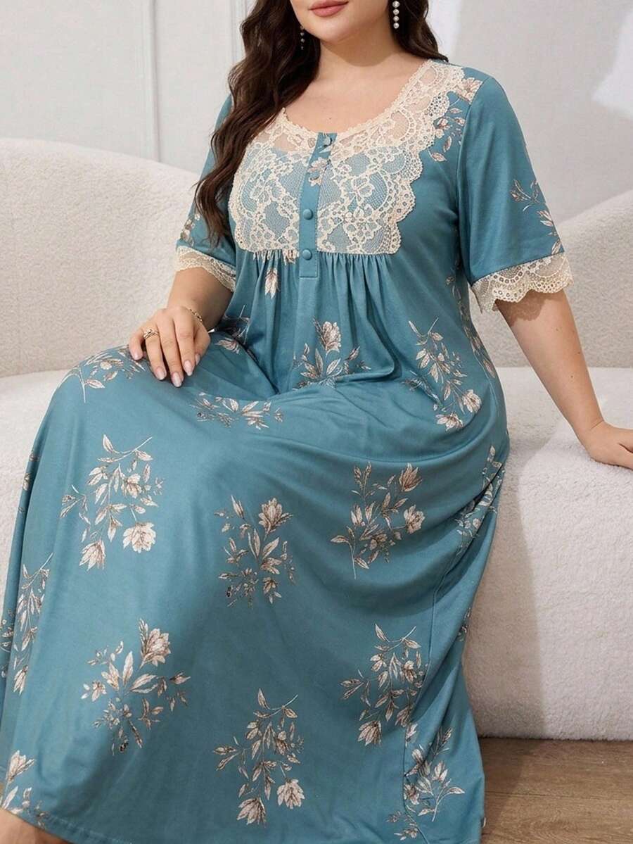Al Najma Plus Size Women's Contrast Lace Floral Print Short Sleeve ...