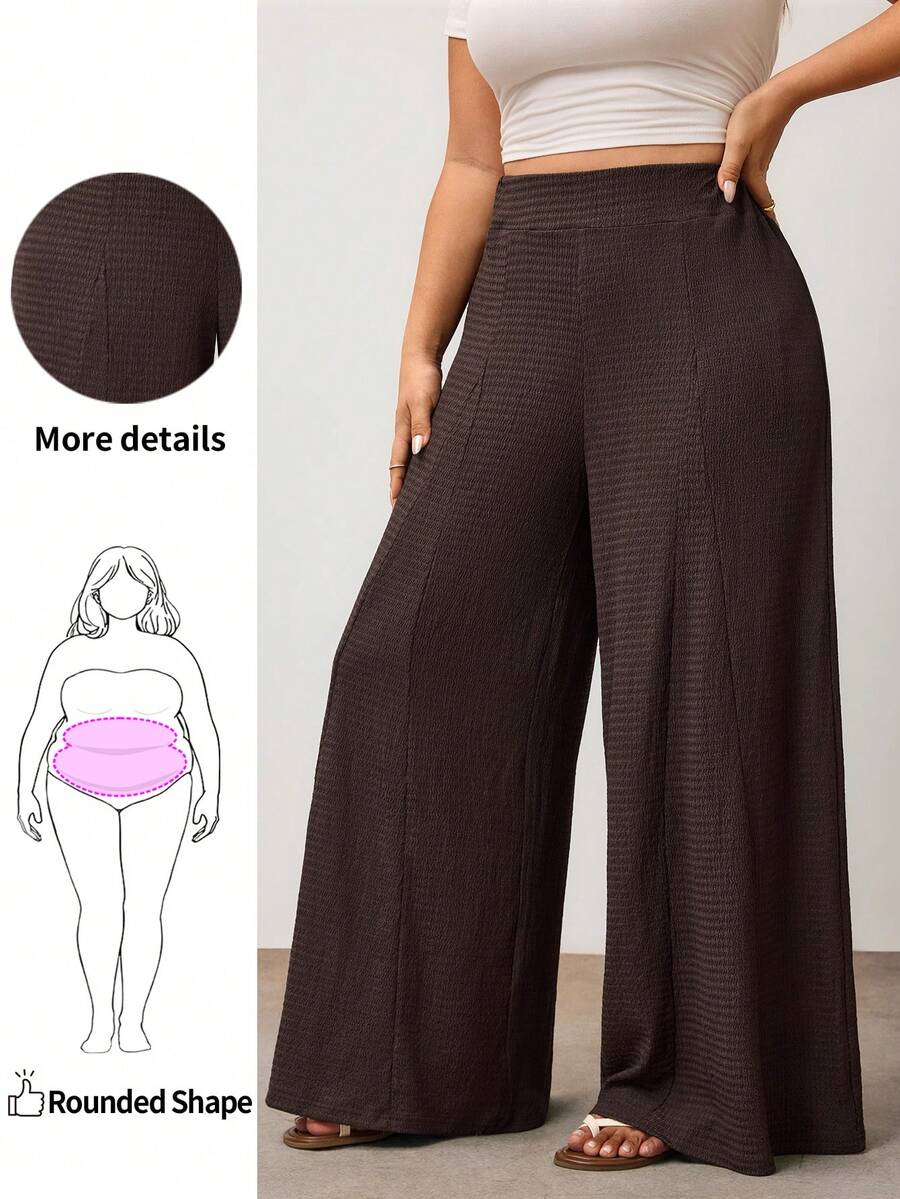Enliva Plus Size Women's Brown Textured Wide Leg Floor Length Pants ...