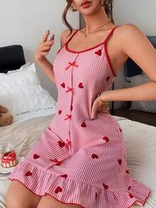 Napfluff Romantic Cute Pink Striped Heart Fresh Casual Ruffle Trim ...