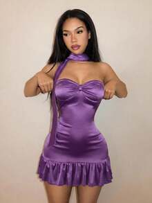 Mistrie Satin Slim Mini Dress With Strapless Bow Design, Halterneck Tie ...