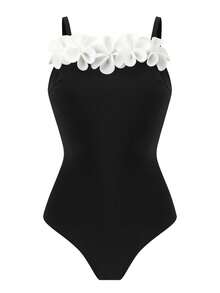 Swim Oasis Women's Black Floral Decorated One-Piece Swimsuit And Mesh ...