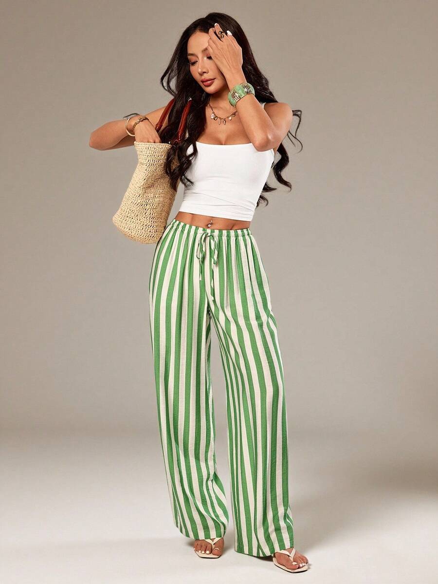 SHEIN PETITE Women's Striped Waist Tie Straight Leg Loose Casual Long ...