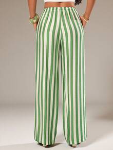 SHEIN PETITE Women's Striped Waist Tie Straight Leg Loose Casual Long ...