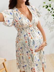 SHEIN Women's Summer Mid-Length V-Neck Apricot Ruffle Sleeve Pleated ...