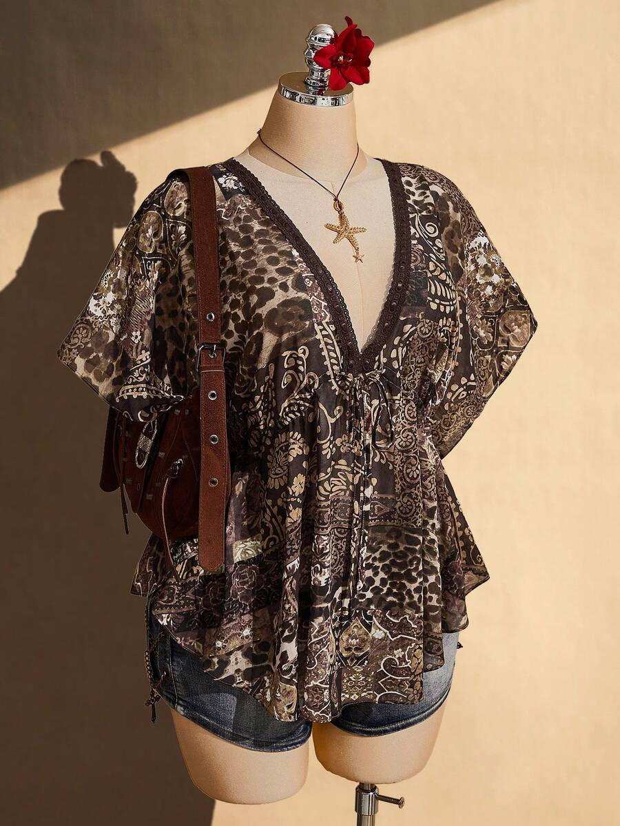 SHEIN ICON Women's Plus Size Vacation Botanical Print Contrast Lace V ...