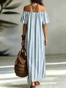 Balvessa Striped Vintage Vacation Style Off-Shoulder Short Sleeve Dress ...