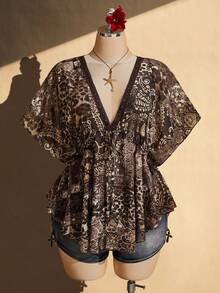 SHEIN ICON Women's Plus Size Vacation Botanical Print Contrast Lace V ...